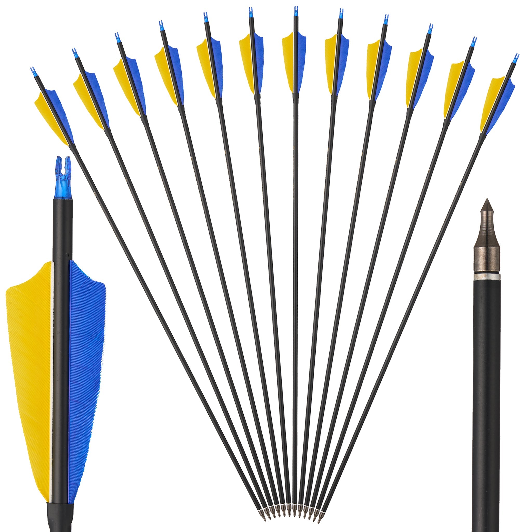 12x 31" Archery Carbon Arrows Spine 550 Blue Yellow Feathers for Recur ...