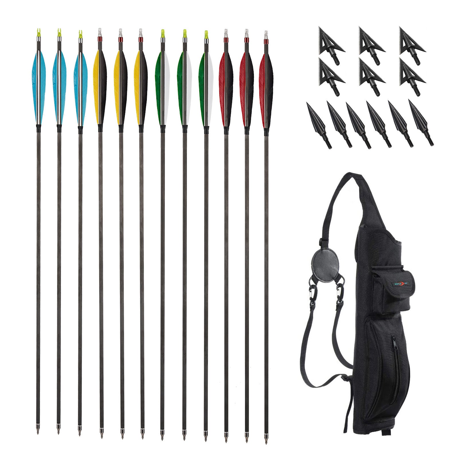 31.5" Spine 350 6" Turkey Feathered Carbon Arrows 12x Broadheads Quive ...