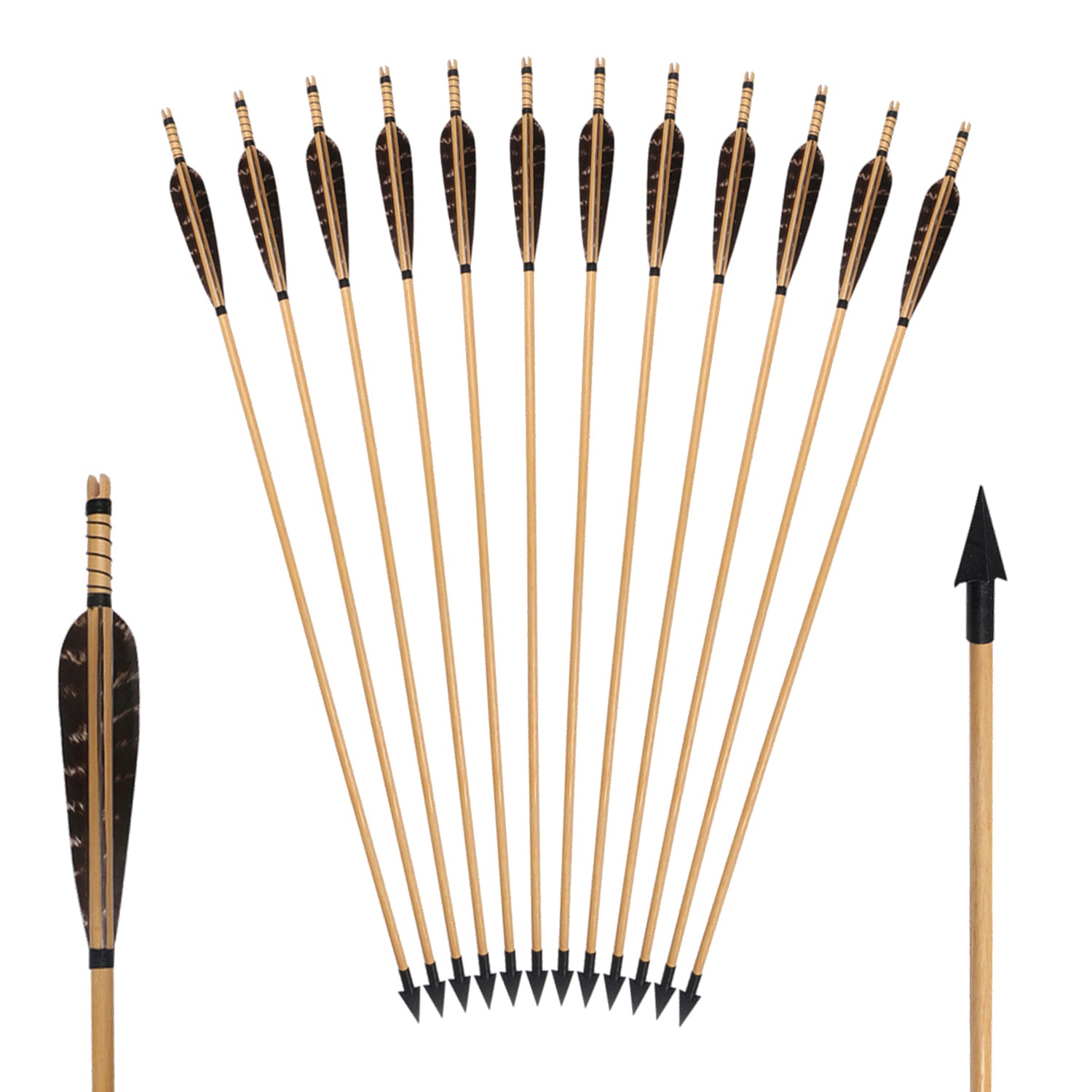 12x 31" 8mm Parabolic Natural Barred Feather Wood Archery Arrows with ...
