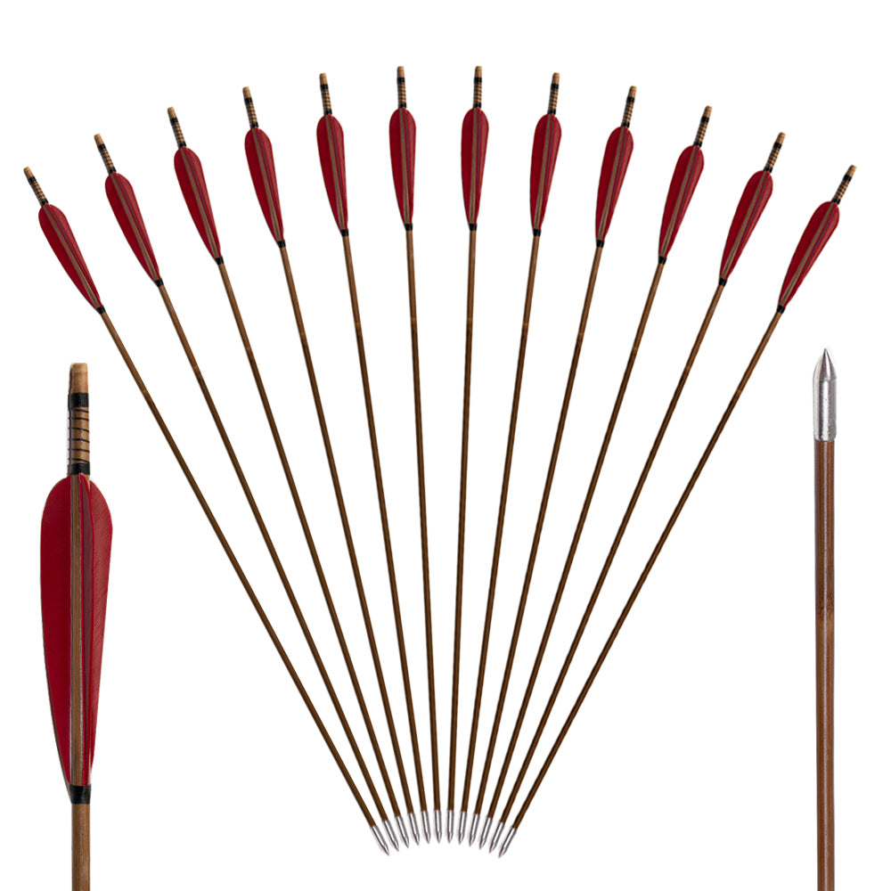 12x 31.5" Parabolic Red Feather Fletched Bamboo Archery Arrows with Fi ...